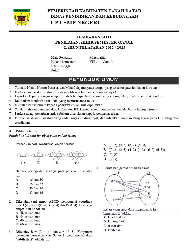 Soal Pas 1 MTK 8 TP 2022-2023 | PDF