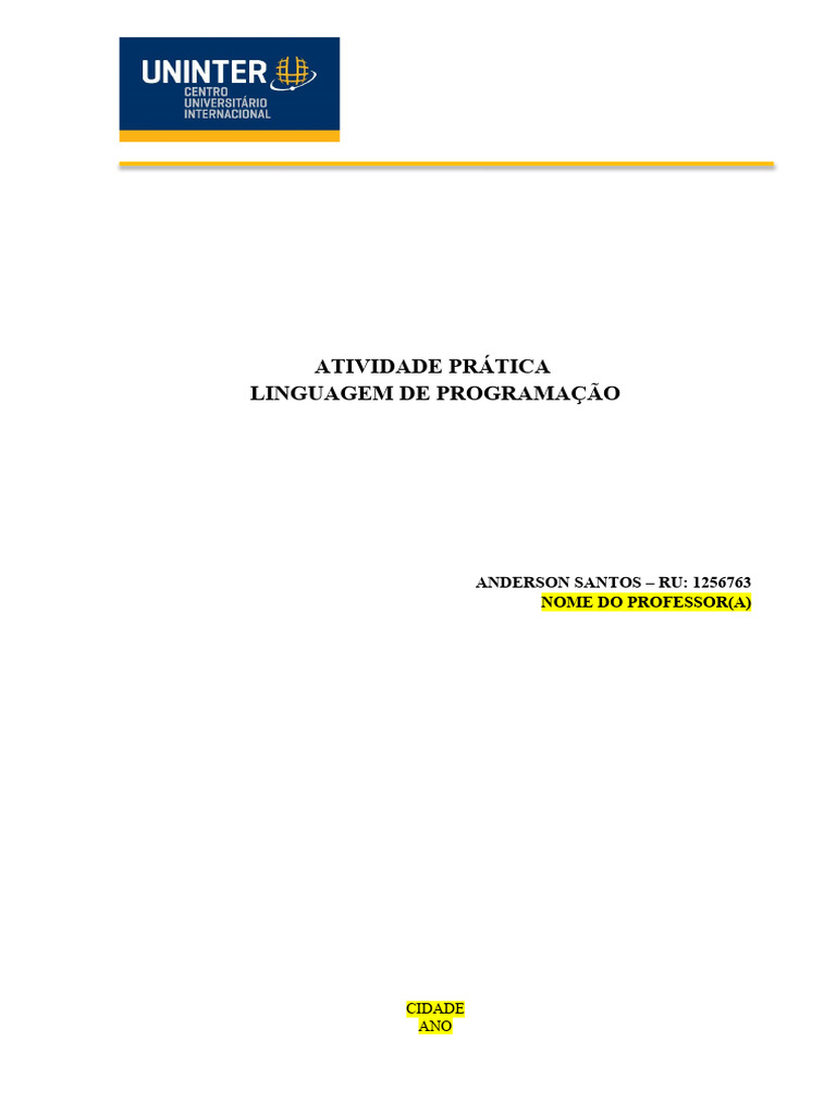 Atividade Pratica Linguagem Programacao EaD - Uninter | PDF Atividade Pratica Linguagem Programacao EaD - Uninter | PDF