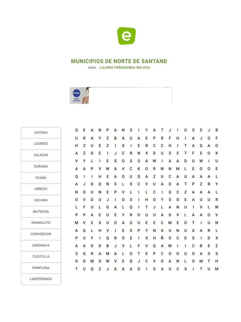 Imprimir Sopa de Letras - MUNICIPIOS DE NORTE DE SANTAND (Colombia) | PDF