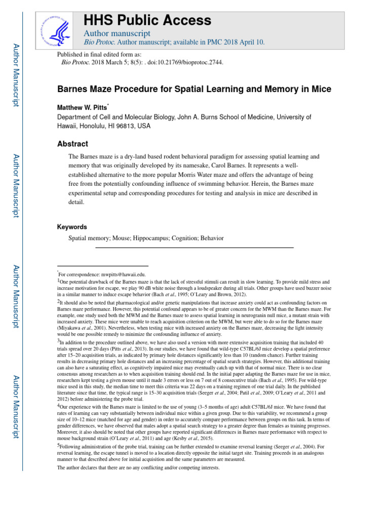 Barnes Maze Procedure For Spatial Learning and Memory in Mice | PDF