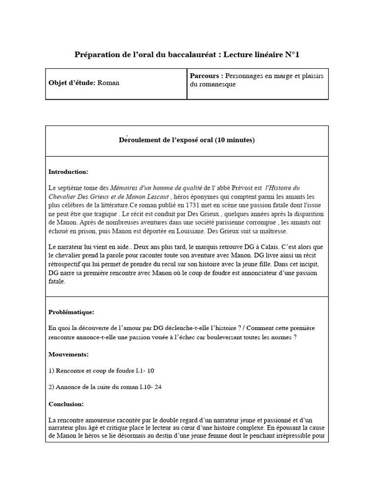 Lecture linéaire : Manon Lescaut | PDF | Linguistique
