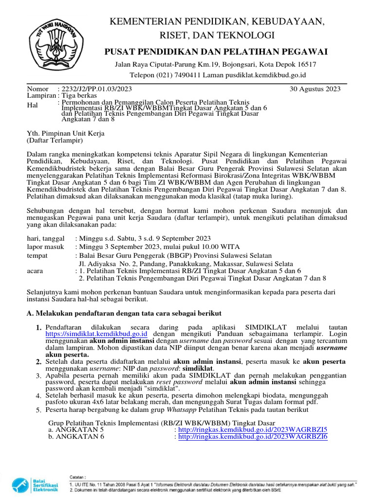 20230830_Surat Undangan Pemanggilan-Peserta-Pelatihan_Lengkap | PDF