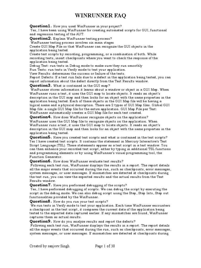 Winrunner Faq: Created by Sanjeev - Singh Page 1 of 30 | PDF | Graphical User Interfaces ...