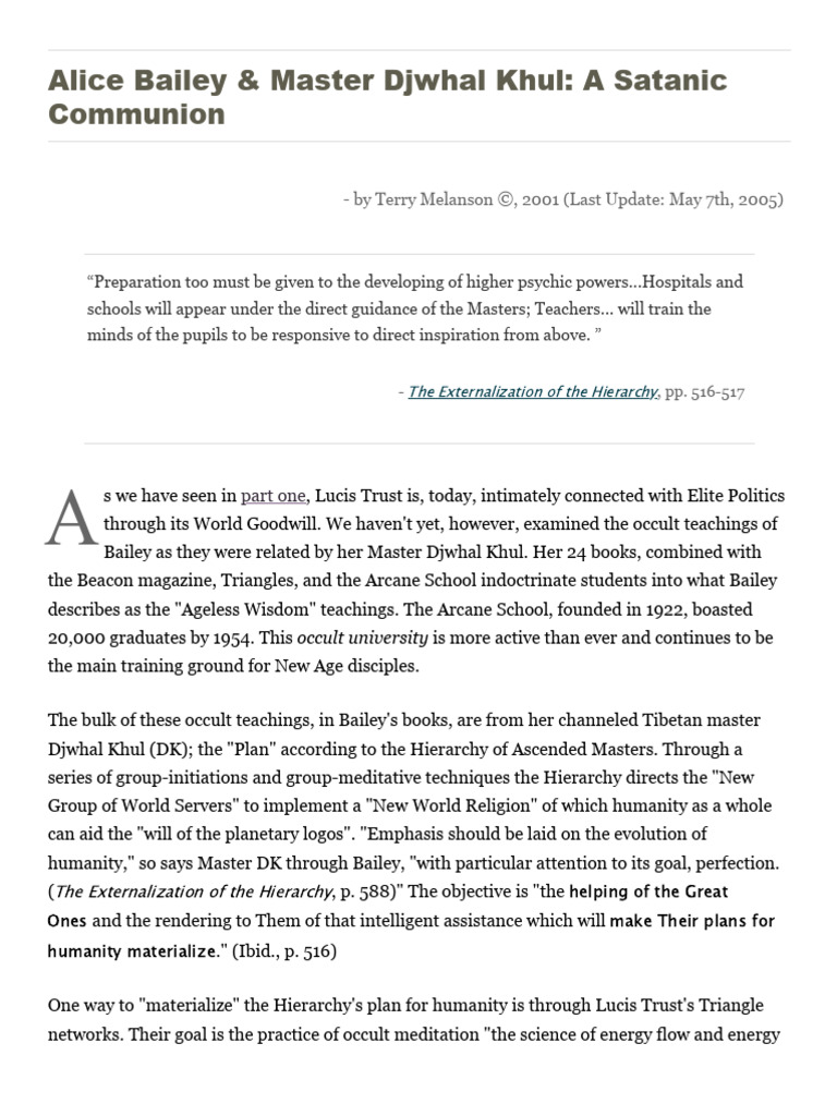 Alice Bailey & Master DK Djwhal Khul - A Satanic Communion | PDF ...