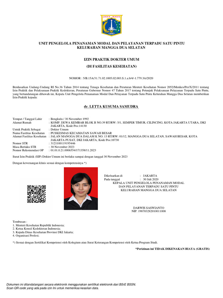 Surat Izin Praktik Dokter Dokter Umum Di Fasilitas Pelayanan Kesehatan - Bukan Penanggung Jawab ...