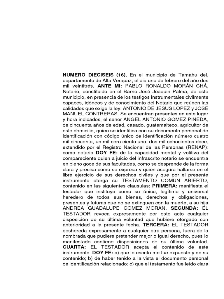 Testamento Abierto en Tamahu, 2023 | PDF | Voluntad y testamento | Justicia