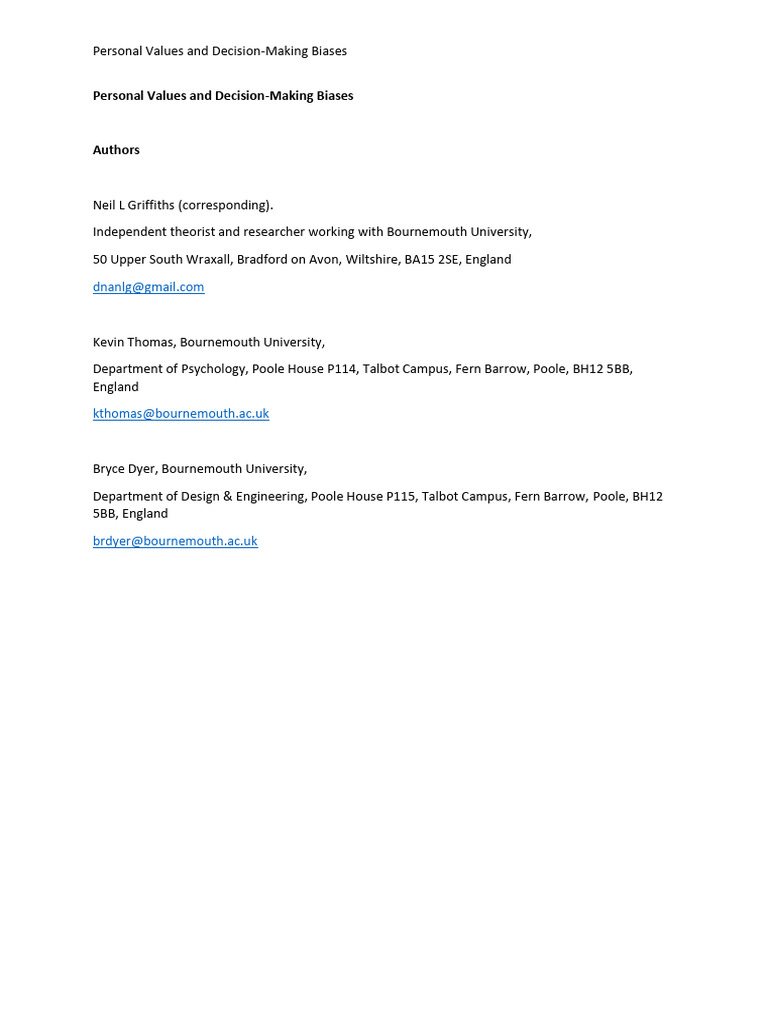 Personal Values & Decision-Making Biases | PDF
