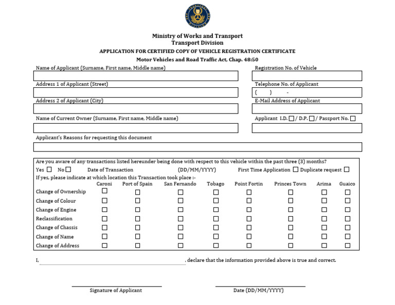 Application For Certified Copy For Vehicle Registration Cert | PDF
