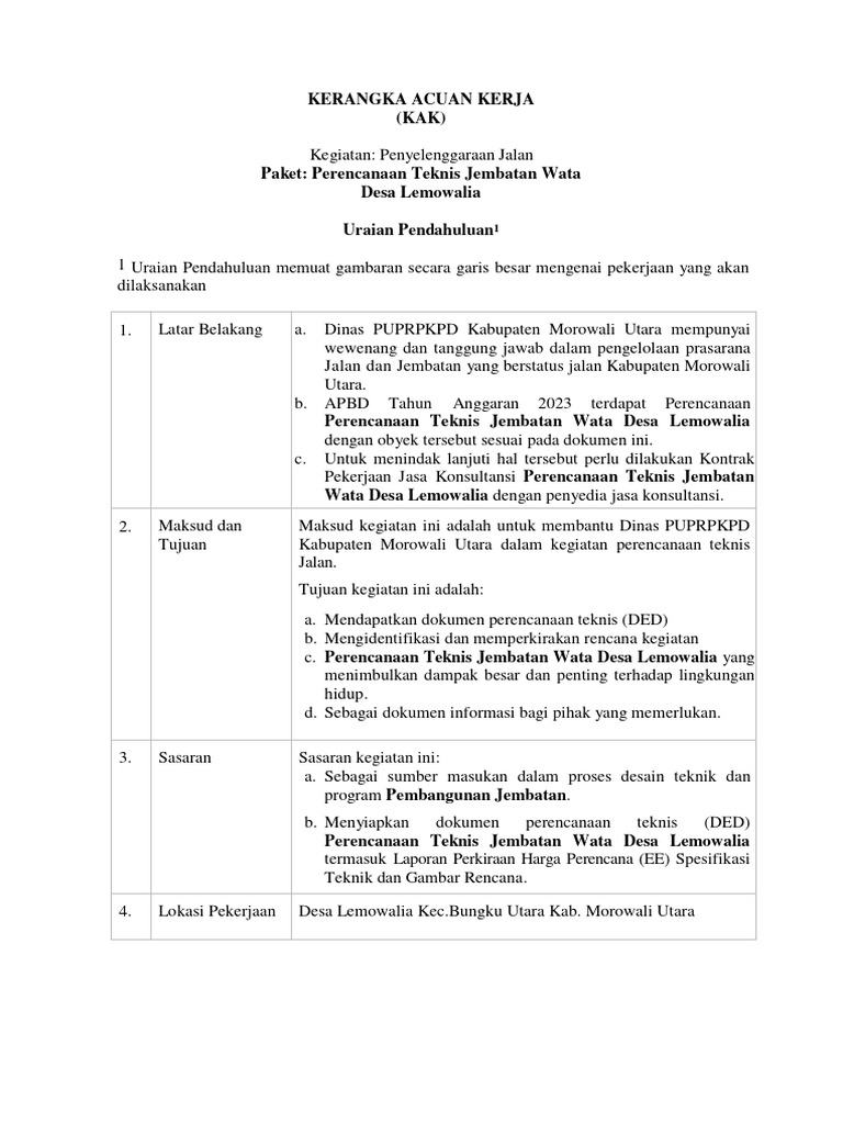 KAK Perencanaan Teknis Jembatan Wata Desa Lemowalia | PDF