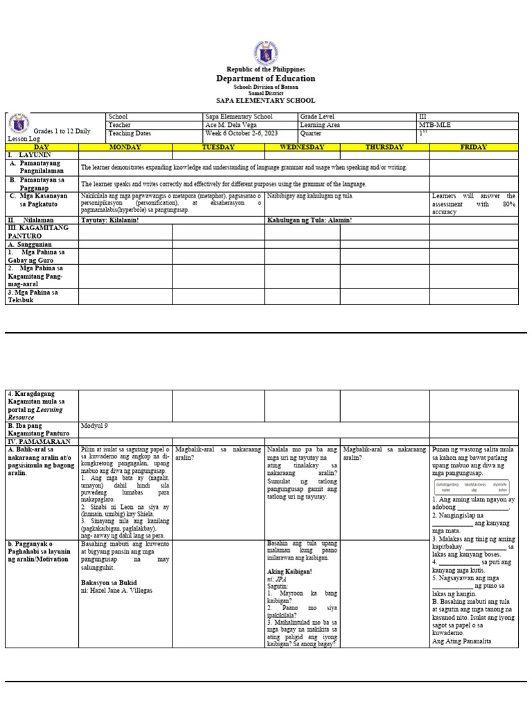DLL Quarter 1 Week 6 Mtb-Mle | PDF