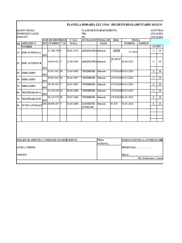 Planilla Horaria Ley 11544 Decreto Reglamentario 16115 33 | PDF