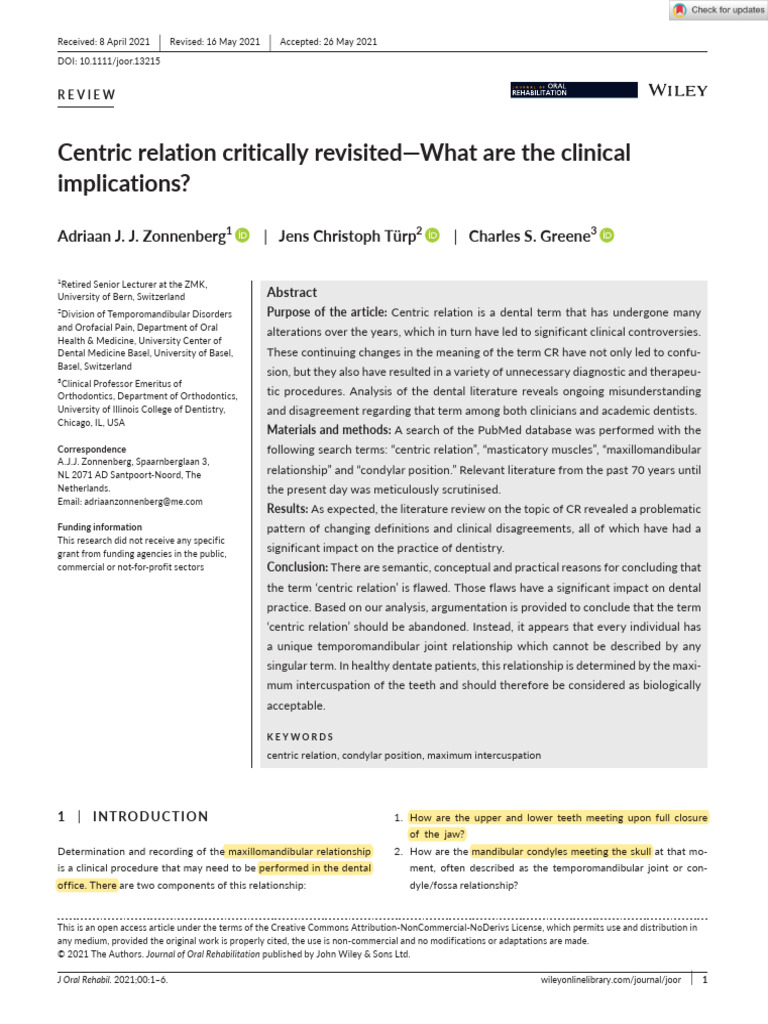 Centric Relation Critically Revisited - What Are The Clinical ...