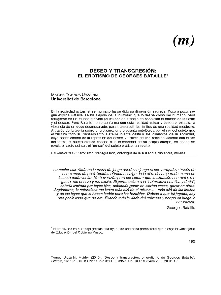 Lectura 10 - Deseo y Transgresión El Erotismo de Georges Bataille de Maider Tornos | PDF