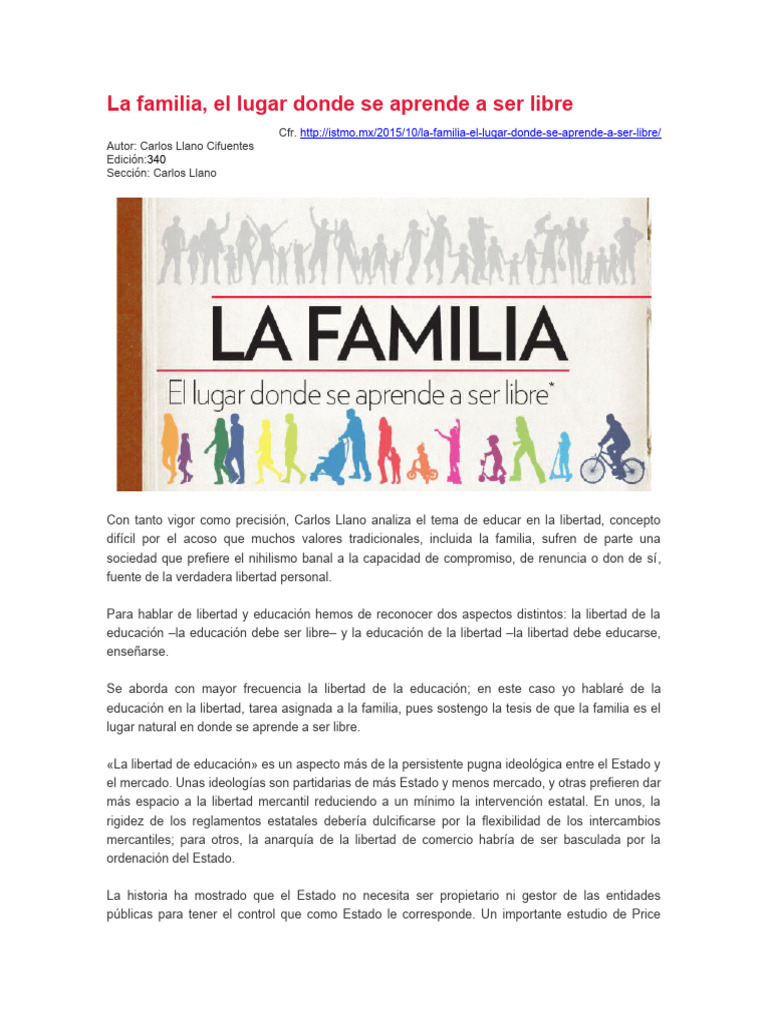 La Familia, El Lugar Donde Se Aprende A Ser Libre CARLOS LLANO | PDF