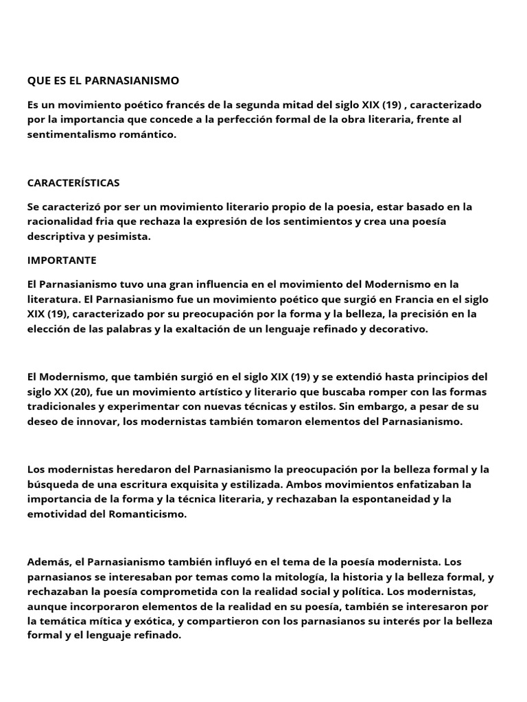Parnasianismo: Definición y Características | PDF