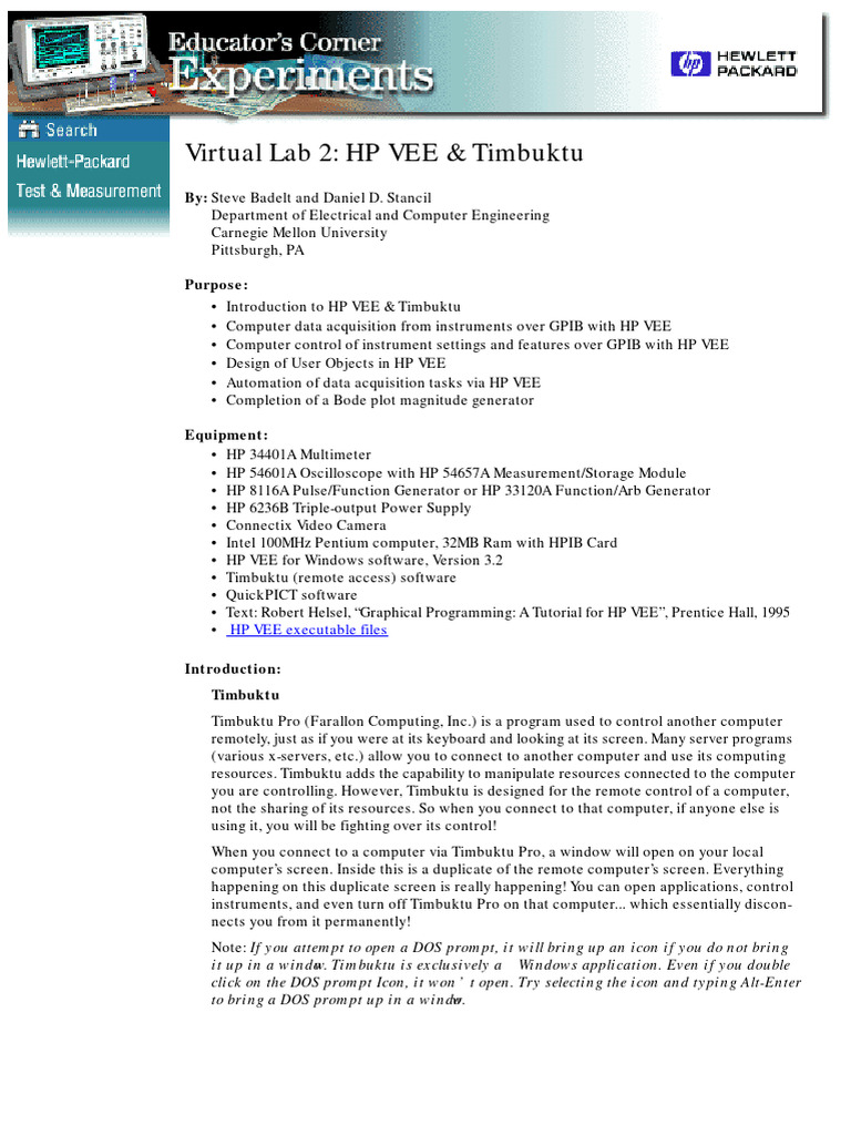 Virtual Lab 2 - HP VEE & Timbuktu | PDF