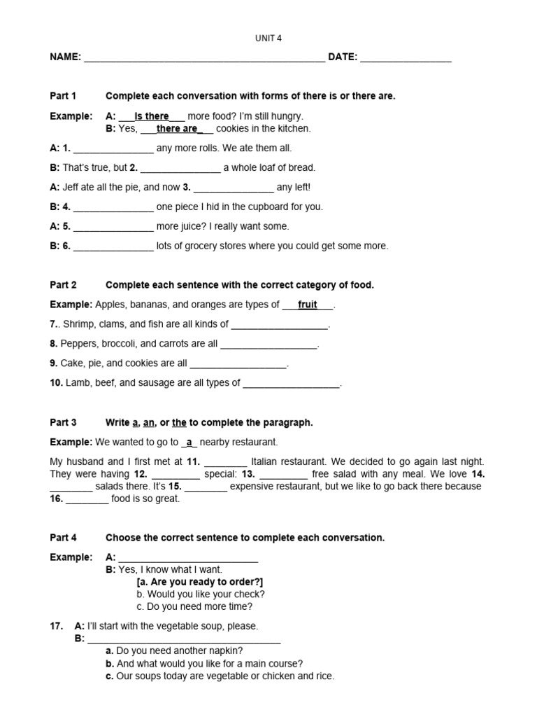 Unit4 Test | PDF | Waiting Staff | Nutrition