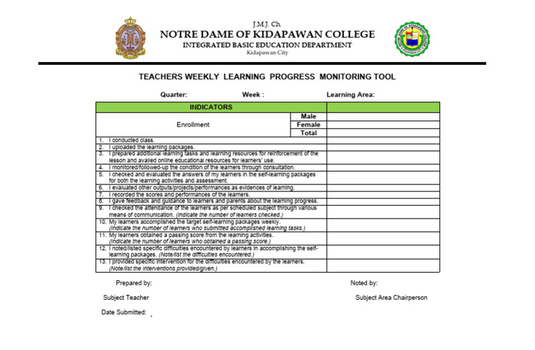 Weekly Learning Progress Monitoring Tool | PDF