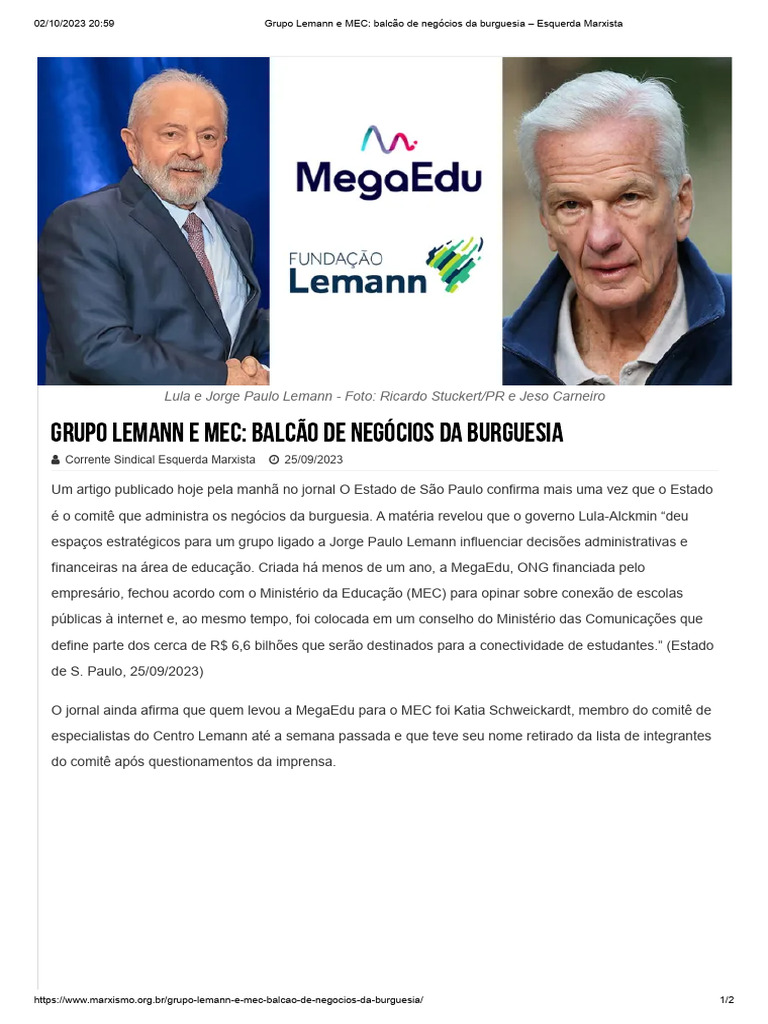 Grupo Lemann e MEC - Balcão de Negócios Da Burguesia - Esquerda ...