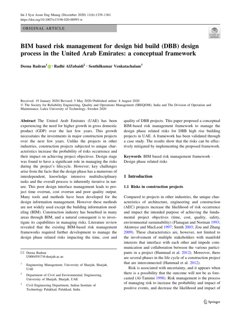 2020 Bardran Et Al Bim Based Risk Management For Design Bid Build Dbb Design Pdf