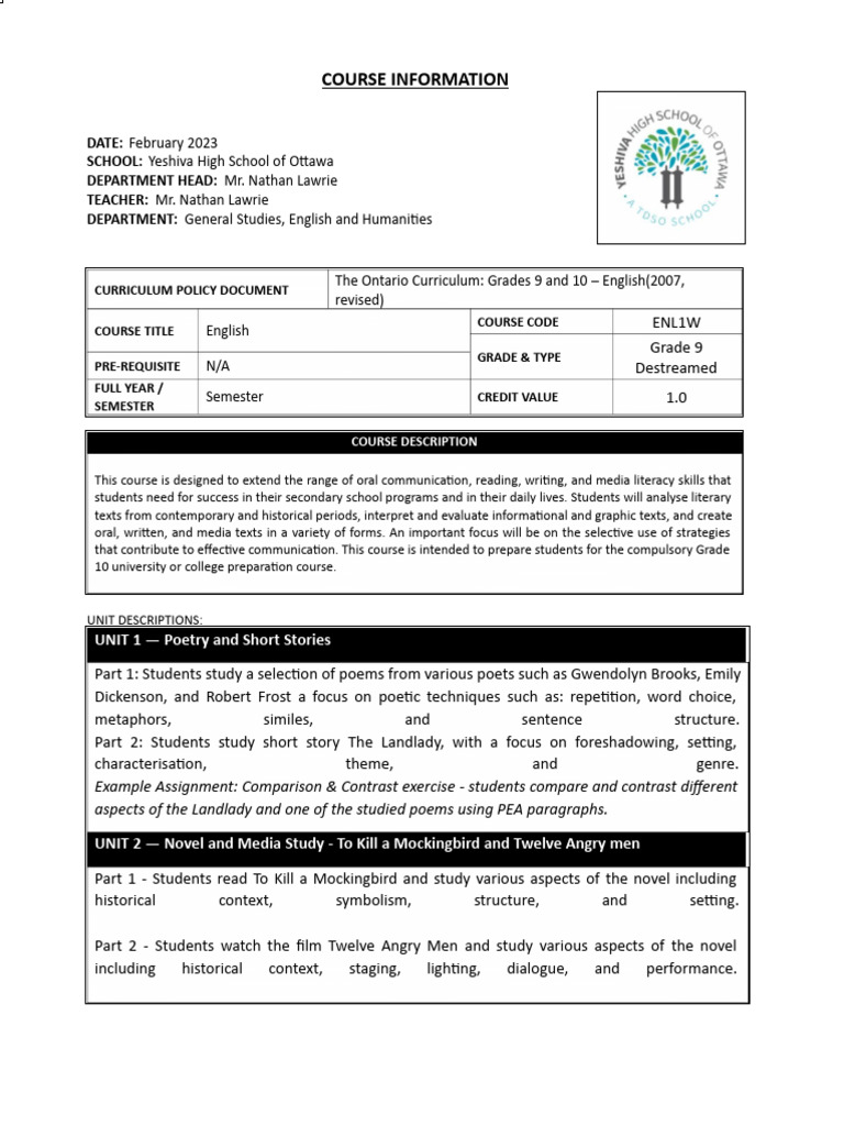 Syllabus - ENL1W - OTTAWA Exemple | PDF | Poetry | Educational Assessment