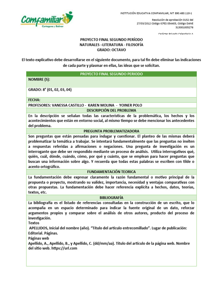 Formato para Proyecto Final Segundo Periodo Octavo | PDF | Bibliografía