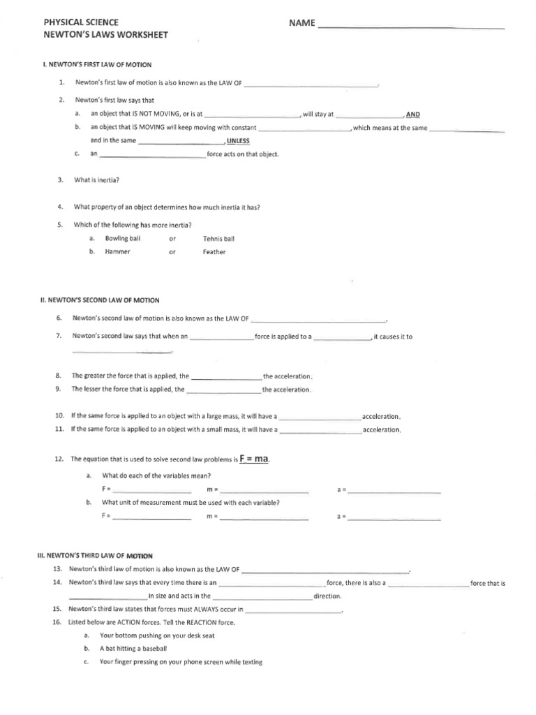Newtons Laws WKST and KEY Review | PDF