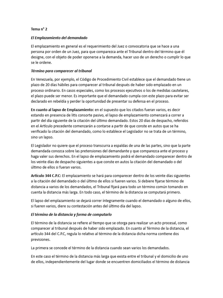 Tema N° 2 - Emplazamiento Del Demandado | PDF | Demanda judicial | Ley ...