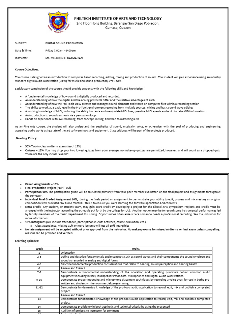 Digital Sound Production Syllabus | PDF | Digital Audio