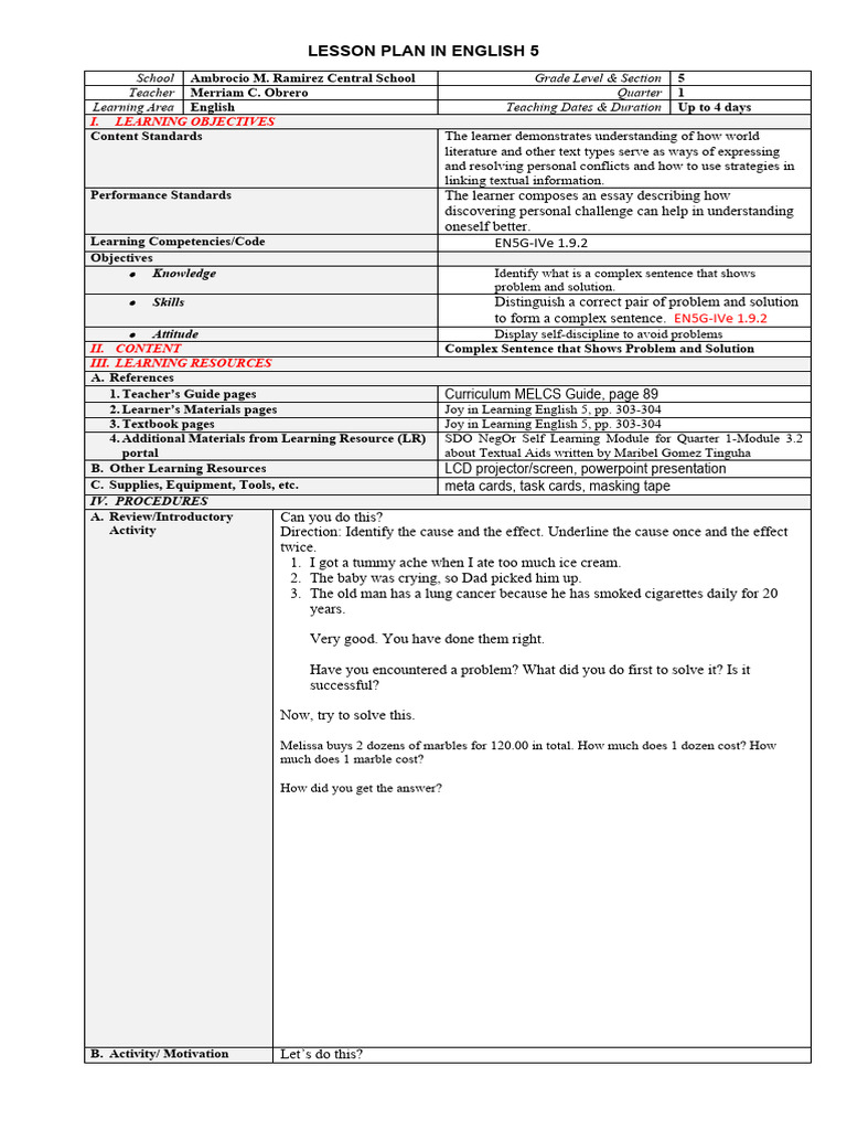 English 5 Quarter 1 Complex-Sentence-that-shows-Problem-and-Solution | PDF