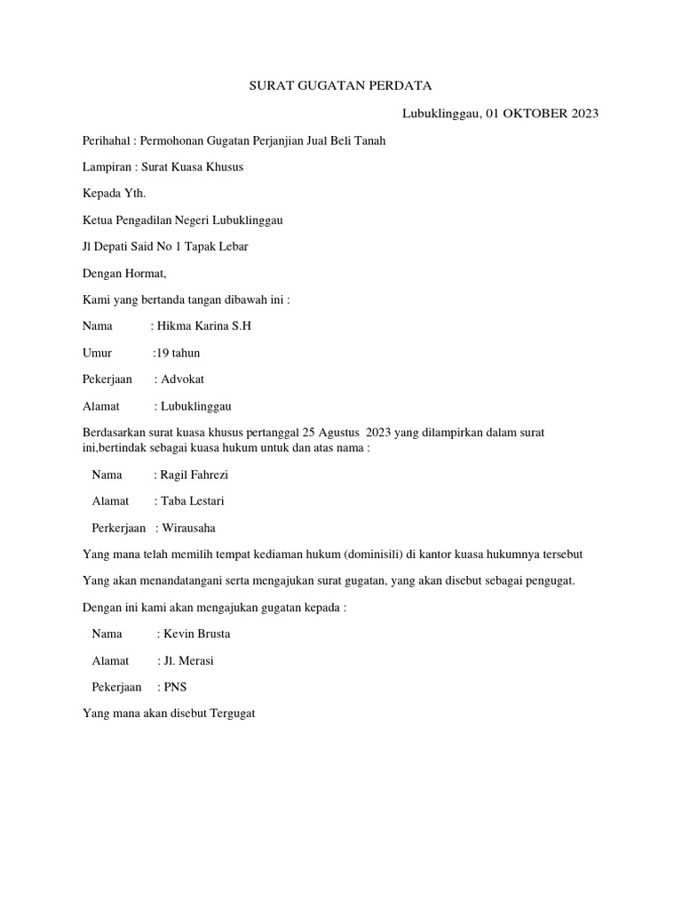 Surat Gugatan Perdata | PDF