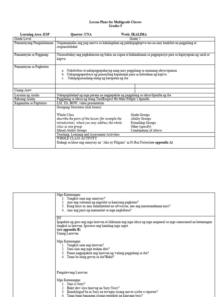 Lesson Plans For Multigrade Classes Grades 5 Learning Area:ESP Quarter ...