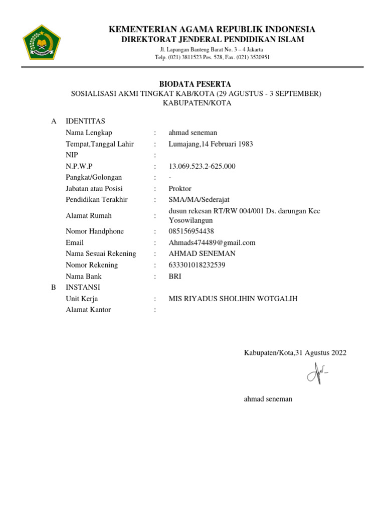 Biodata Ahmad Seneman | PDF