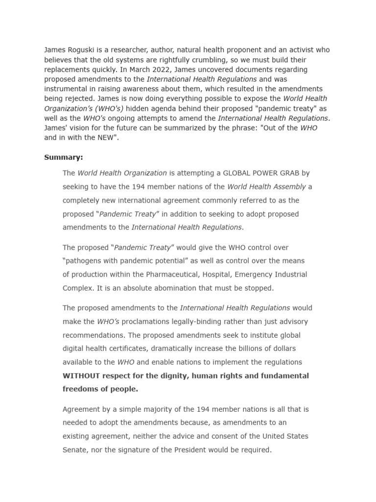 Organization's (WHO's) Hidden Agenda Behind Their Proposed "Pandemic ...