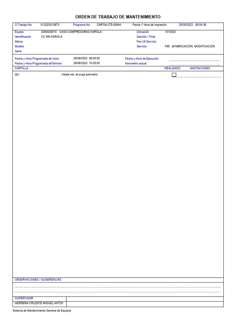 Orden de Trabajo de Mantenimiento: Instalar Sist. de Pruga Automatico | PDF
