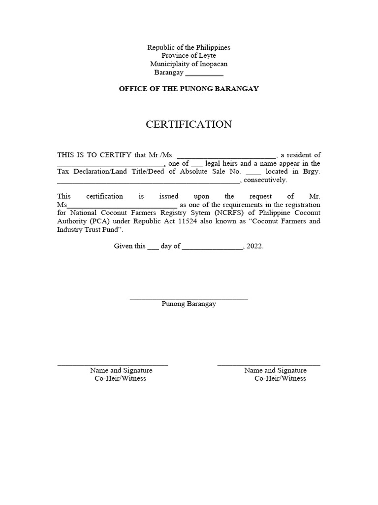 Brgy Certification PCA | PDF