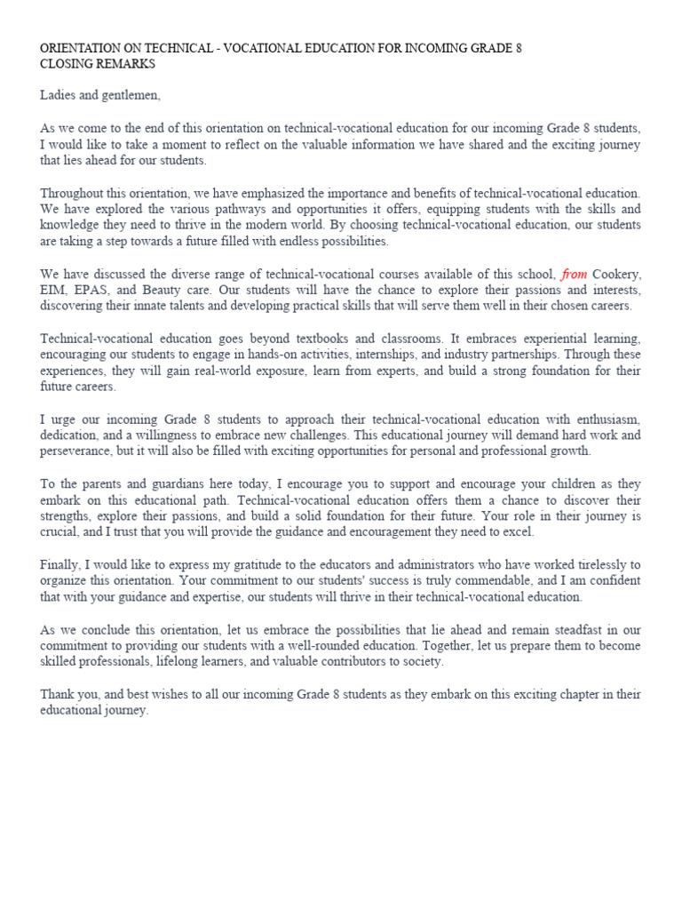 Closing Remarks | PDF | Vocational Education | Learning