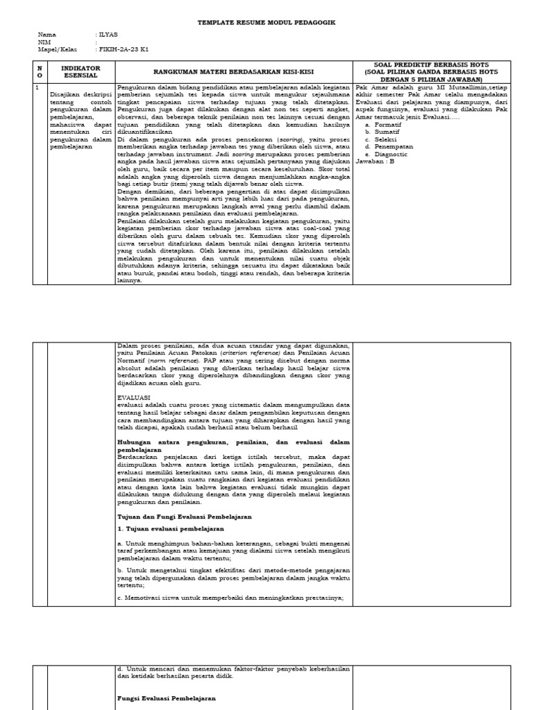 Pedagogik Template Resume Modul Pendalaman Materi Berbasis Kisi-Kisi KB1 | PDF