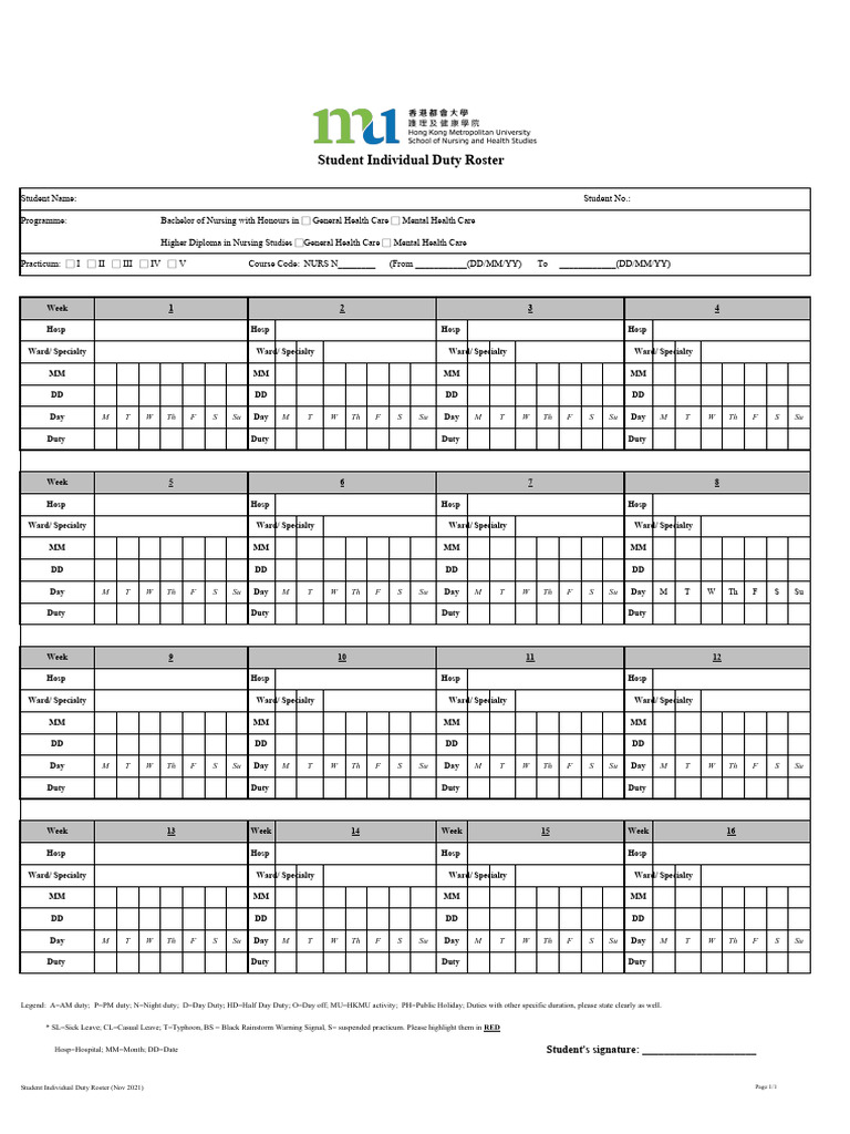 Individual Duty Roster Template - 2021 | PDF