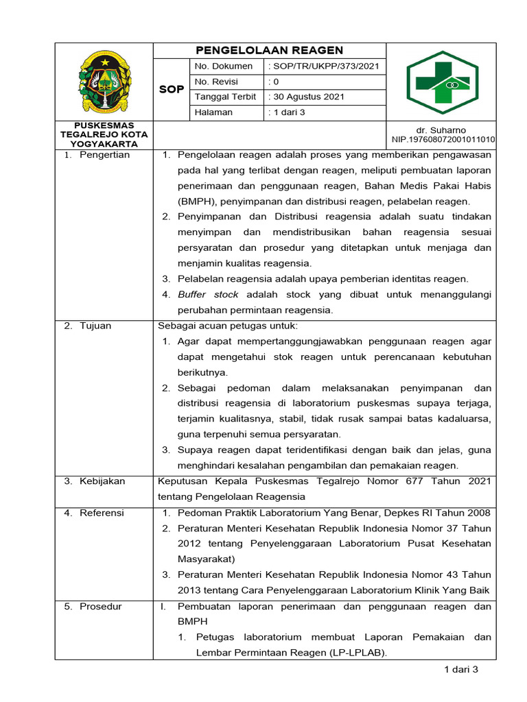 Sop Pengelolaan Reagen | PDF