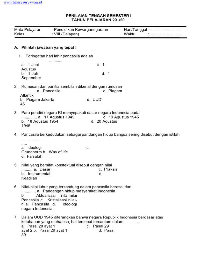 2-Soal PTS PKN Kelas VIII Ganjil - WWW - Kherysuryawan.id | PDF | Politik