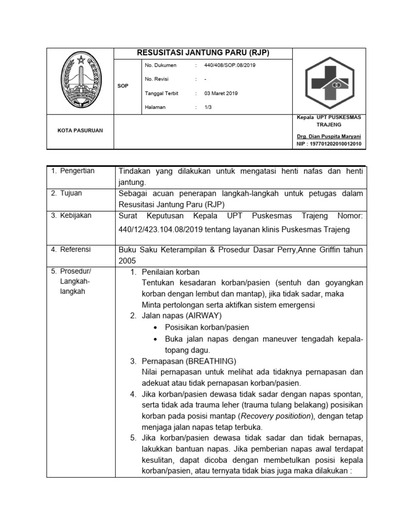 Sop Resusitasi Jantung Paru (RJP) | PDF