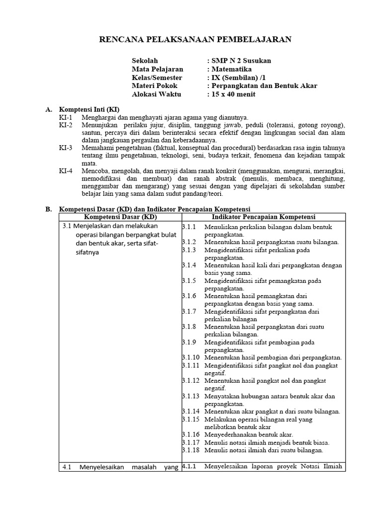RPP Bilangan Berpangkat | PDF