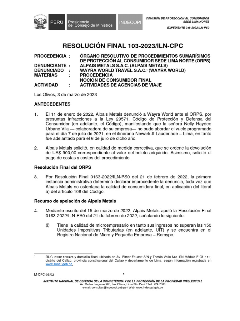 Resolución Final 103-2023/Iln-Cpc: Comisión de Protección Al Consumidor Sede Lima Norte ...