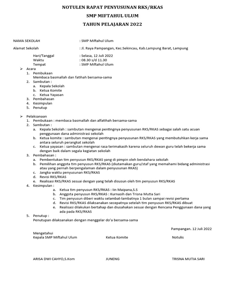 NOTULEN RAPAT PENYUSUNAN RKS | PDF