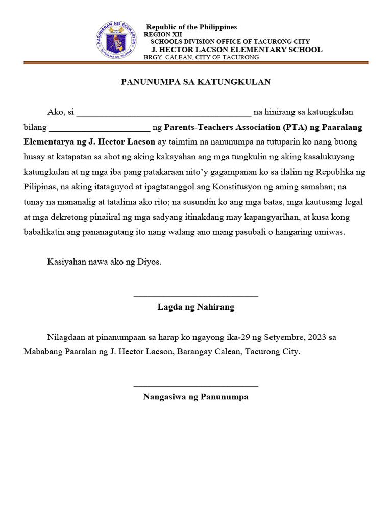 Panunumpa PTA | PDF