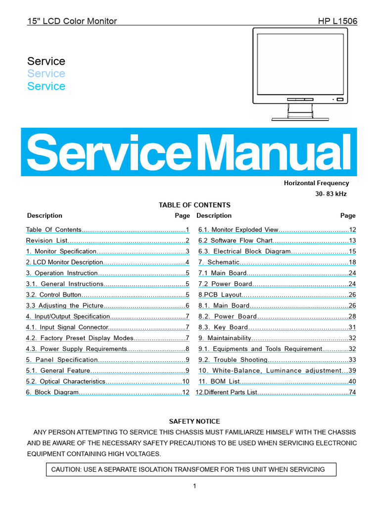 HP L1506 - LCD - Monitor - Service - Manual | PDF | Computer Monitor ...