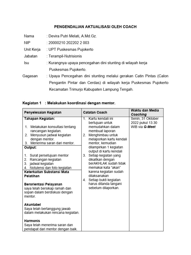 Kartu Kendali Coach Devira | PDF