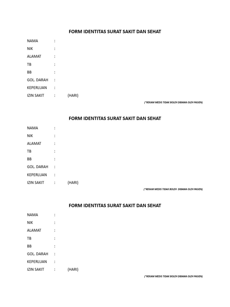 Form Identitas Surat Sakit Dan Sehat | PDF