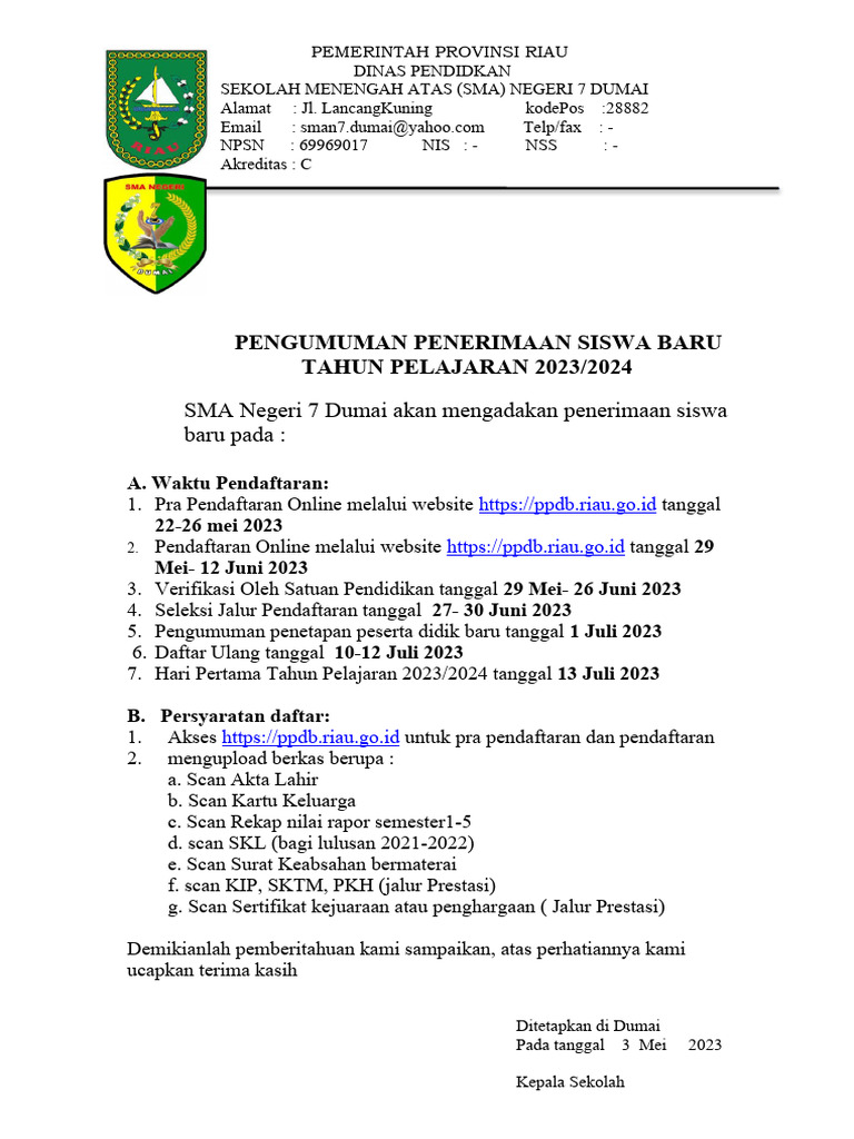 Pengumuman Penerimaan Siswa Baru Tahun Pelajaran 2023 Pdf